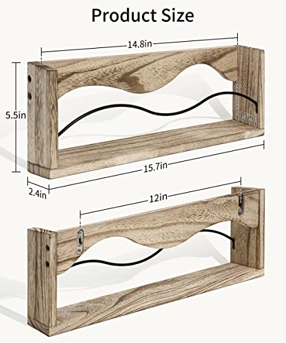 Sapowerntus Wood Book Shelves Wall Mounted, Rustic Nursery Magazine Holder Organizer Vinyl Record Rack with Curve Rail Wave Design, Wall Bookshelf Home Room Office Decor, Set of 2