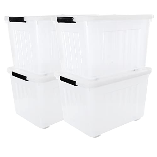 Cand 50 Quart Clear Plastic Box with Wheels, Large Lidded Storage Bins, 4 Packs