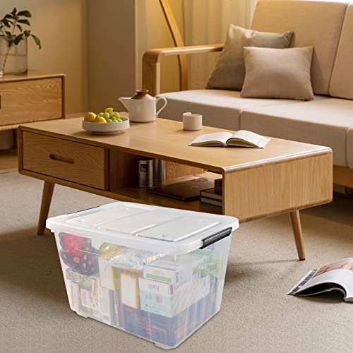 Cand 50 Quart Clear Plastic Box with Wheels, Large Lidded Storage Bins, 4 Packs