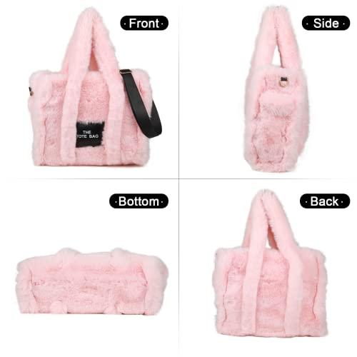 JQAliMOVV The Tote Bags for Women, Fluffy Tote Bags Top-Handle Crossbody Handbag Trendy Plush Tote Bag for Travel Work (Pink)