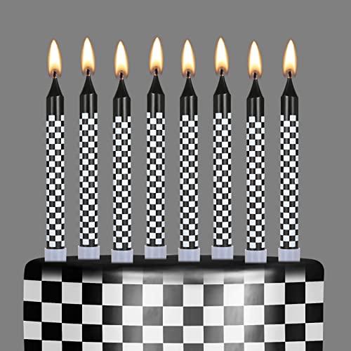 12 Pcs Racing Cars Themed Birthday Candles Black and White Checkered Flag Cupcake Topper for Racing Cars Party Decoration Baby Shower for Boys Children