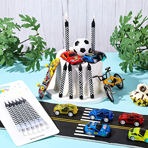 12 Pcs Racing Cars Themed Birthday Candles Black and White Checkered Flag Cupcake Topper for Racing Cars Party Decoration Baby Shower for Boys Children