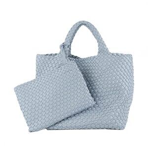 hereubuy now women’s fashion woven bag shopper hand-woven tote handbags and purse for women ladies vegan soft pu leather shoulder bags large capacity underarm (woven – light blue)