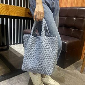 Hereubuy Now Women's Fashion Woven Bag Shopper Hand-Woven Tote Handbags and Purse for Women Ladies Vegan Soft PU Leather Shoulder Bags Large Capacity Underarm (Woven - Light Blue)