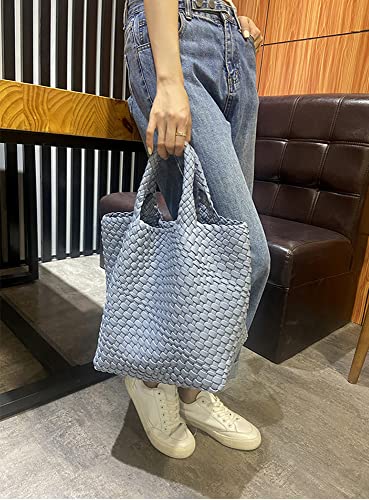 Hereubuy Now Women's Fashion Woven Bag Shopper Hand-Woven Tote Handbags and Purse for Women Ladies Vegan Soft PU Leather Shoulder Bags Large Capacity Underarm (Woven - Light Blue)