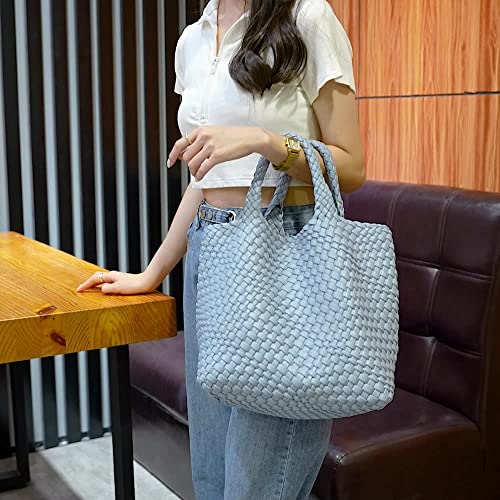 Hereubuy Now Women's Fashion Woven Bag Shopper Hand-Woven Tote Handbags and Purse for Women Ladies Vegan Soft PU Leather Shoulder Bags Large Capacity Underarm (Woven - Light Blue)