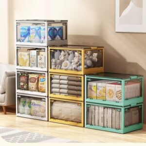 Folding Collapsible Storage Box and Organizer - Transparent - Easy to access - Stackable - Plastic Basket - Portable Bin with Wheels (White)