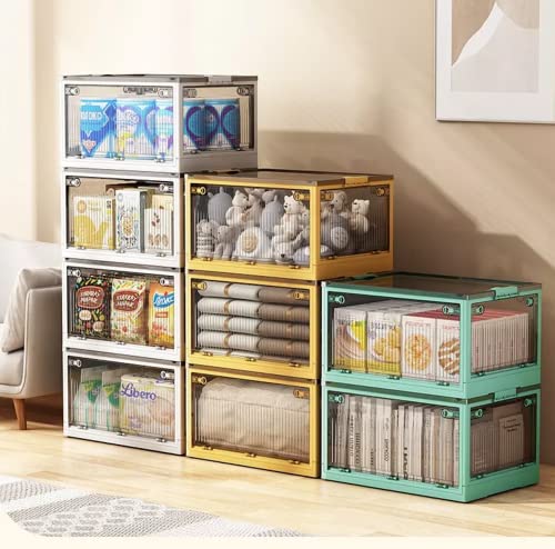 Folding Collapsible Storage Box and Organizer - Transparent - Easy to access - Stackable - Plastic Basket - Portable Bin with Wheels (White)