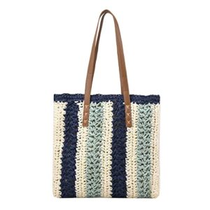 hjmnd women handmade woven large shoulder bag straw handbag straw purse summer beach bag (blue stripes)