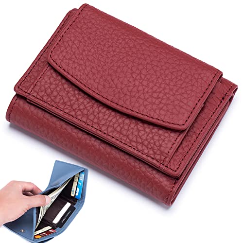 Alectroenas Leather RFID Blocking Card Holder–Pocket Mini Wallet, 2023 New Vegan Mini Wallet for Women, Foldable Slim Compact Wallet (Dark Red)