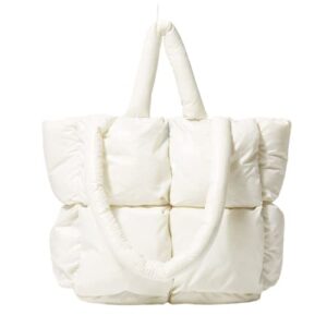 puffer tote bag, trendy luxury chic quilted large padded designer handbags for women cotton winter soft shoulder bag (white)