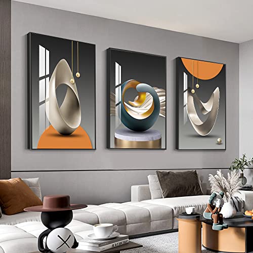 MPLONG Wall Art, Bright Style Framed Wall Art, Abstract Modern Art Shape Pattern White Blue Yellow Grey Wall Art Artfully Matching Living Room Bedroom Office Wall Decor - 24"x 32"x 3 Panels