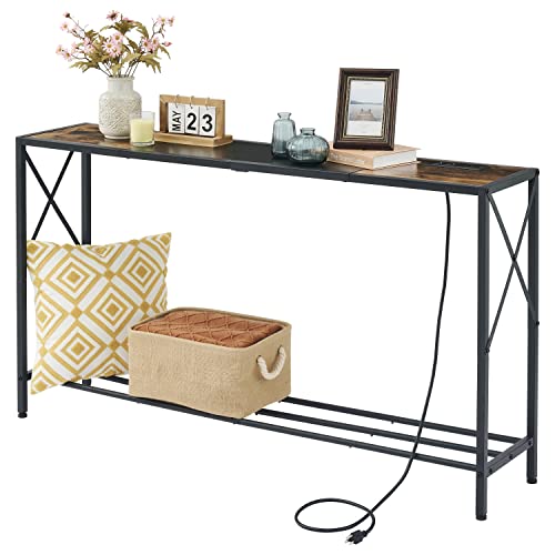 Tajsoon 55.1 Inch Console Table with Charging Station, Industrial entryway Table, Narrow Sofa Table with Shelves, Entrance Table for Entryway, Hallway, Living Room, Foyer, Office, Rustic Brown & Black