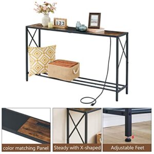 Tajsoon 55.1 Inch Console Table with Charging Station, Industrial entryway Table, Narrow Sofa Table with Shelves, Entrance Table for Entryway, Hallway, Living Room, Foyer, Office, Rustic Brown & Black