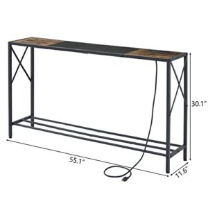 Tajsoon 55.1 Inch Console Table with Charging Station, Industrial entryway Table, Narrow Sofa Table with Shelves, Entrance Table for Entryway, Hallway, Living Room, Foyer, Office, Rustic Brown & Black