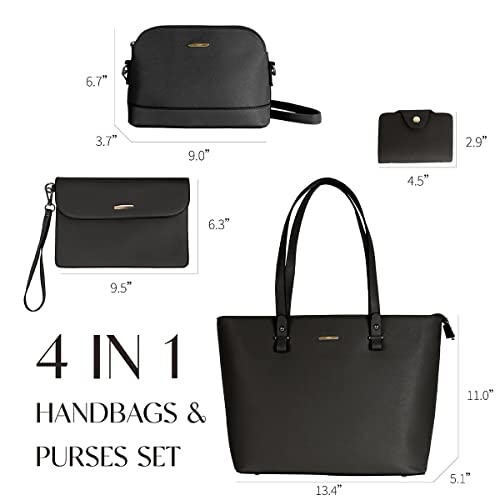 WEETEE Tote Bag For Women, Crossbody Purse + Clutch Wallet + Card Holder + Tote Handbags For Work Travel, Set 4pcs (Black)