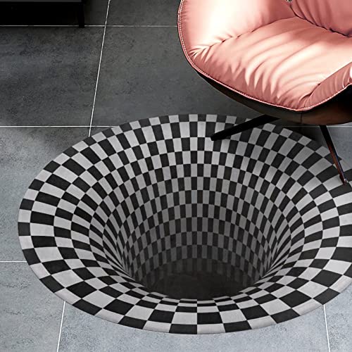 GAGNONLEE 3D Vortex Illusion Round Carpet Black White Plaid Rugs 3D Visual Optical Floor Mat for Bedroom Living Room Home Decor Non-Slip Area Rug Diameter 2Ft