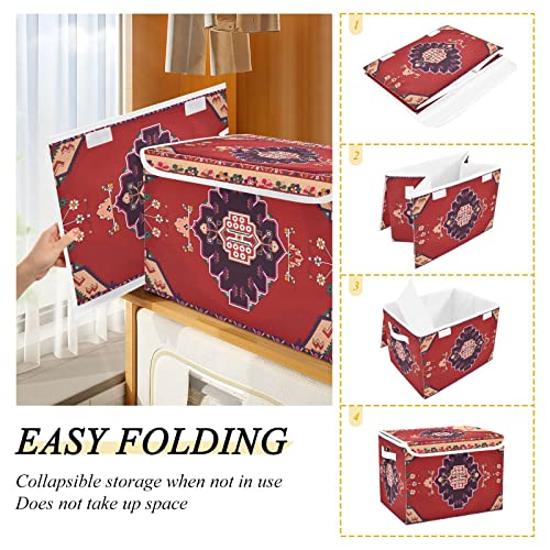 Fabric Storage Bins with Handles for Shelves Persian Carpet Tribal Texture Storage Containers Large Photo Box