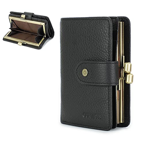 Contact's Womens Kiss Lock Wallet Leather Kiss Clasp Coin Purse Small Card Holder Bifold Rfid Wallet for Women (Black)