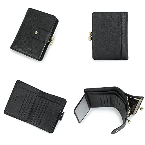 Contact's Womens Kiss Lock Wallet Leather Kiss Clasp Coin Purse Small Card Holder Bifold Rfid Wallet for Women (Black)