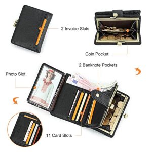 Contact's Womens Kiss Lock Wallet Leather Kiss Clasp Coin Purse Small Card Holder Bifold Rfid Wallet for Women (Black)