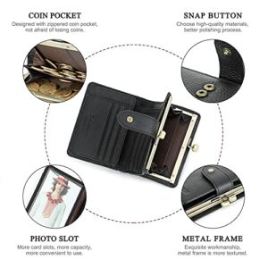 Contact's Womens Kiss Lock Wallet Leather Kiss Clasp Coin Purse Small Card Holder Bifold Rfid Wallet for Women (Black)