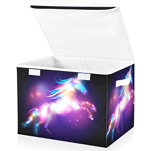 linqin Towel Storage Box with Handle for Living Room Purple Glowing Unicorn Storage Containers Foldable Photo Box