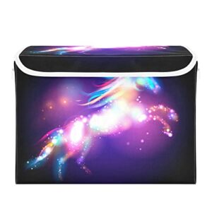 linqin Towel Storage Box with Handle for Living Room Purple Glowing Unicorn Storage Containers Foldable Photo Box