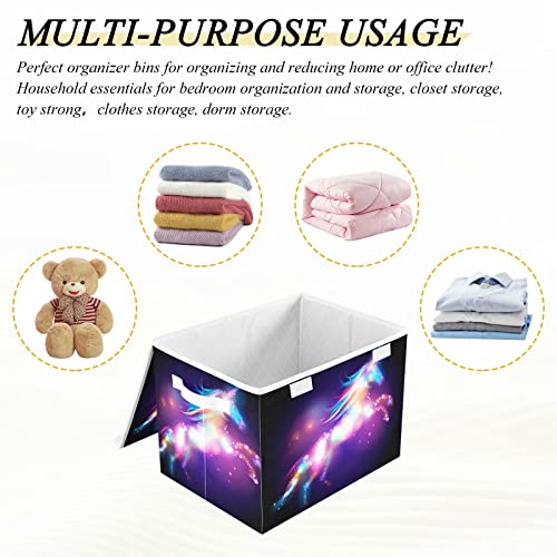 linqin Towel Storage Box with Handle for Living Room Purple Glowing Unicorn Storage Containers Foldable Photo Box