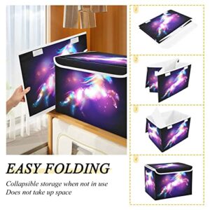 linqin Towel Storage Box with Handle for Living Room Purple Glowing Unicorn Storage Containers Foldable Photo Box