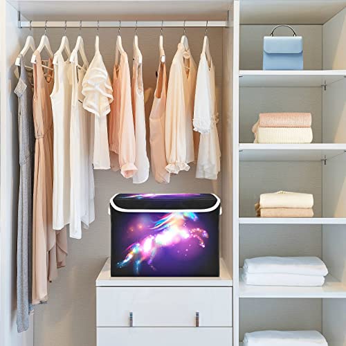 linqin Towel Storage Box with Handle for Living Room Purple Glowing Unicorn Storage Containers Foldable Photo Box