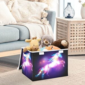 linqin Towel Storage Box with Handle for Living Room Purple Glowing Unicorn Storage Containers Foldable Photo Box