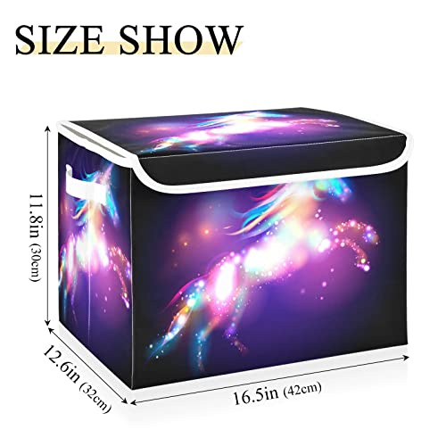 linqin Towel Storage Box with Handle for Living Room Purple Glowing Unicorn Storage Containers Foldable Photo Box