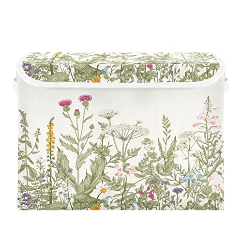 Kigai Collapsible Herbal Wildflowers Storage Basket with Lids and Handles,Storage Bins for Shelves Closet Bedroom,Office Storage