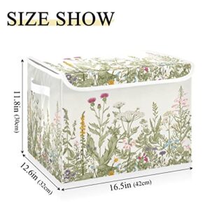 Kigai Collapsible Herbal Wildflowers Storage Basket with Lids and Handles,Storage Bins for Shelves Closet Bedroom,Office Storage