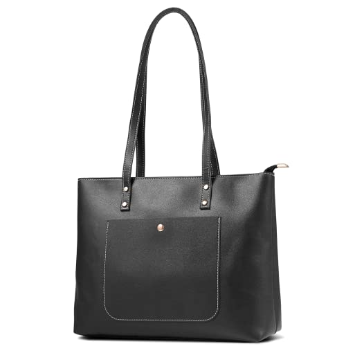 Women's Medium Black Vegan Leather Tote Bag with Zipper and Pockets Waterproof Plain Shoulder Handbag Purse for Office Work Travel School