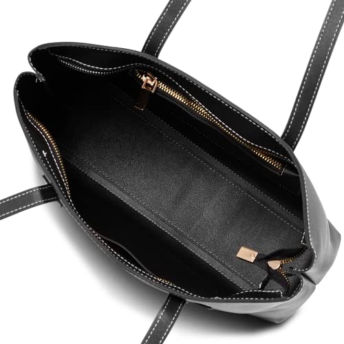 Women's Medium Black Vegan Leather Tote Bag with Zipper and Pockets Waterproof Plain Shoulder Handbag Purse for Office Work Travel School