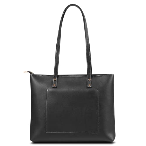 Women's Medium Black Vegan Leather Tote Bag with Zipper and Pockets Waterproof Plain Shoulder Handbag Purse for Office Work Travel School