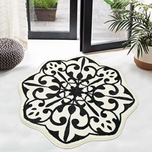 uphome snowflake shaped boho rug 3ft diameter black vintage entryway rug cute non slip machine washable bathroom rugs soft velvet floral aesthetic throw rug for living room bedroom nursery