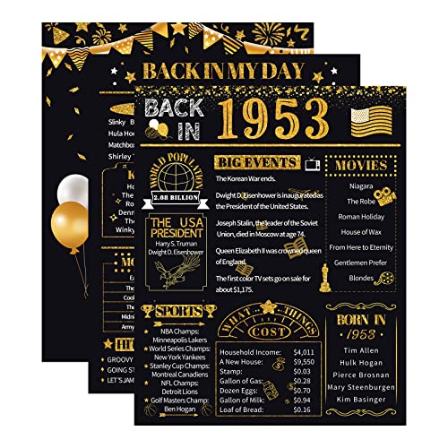 HOMANGA 70th Birthday Decorations for Men, 3 Pieces 70th Birthday Anniversary Posters, Back in 1953 Party Decoration Supplies, 70th Gifts for Men and Women Black Gold 8x10 Inch