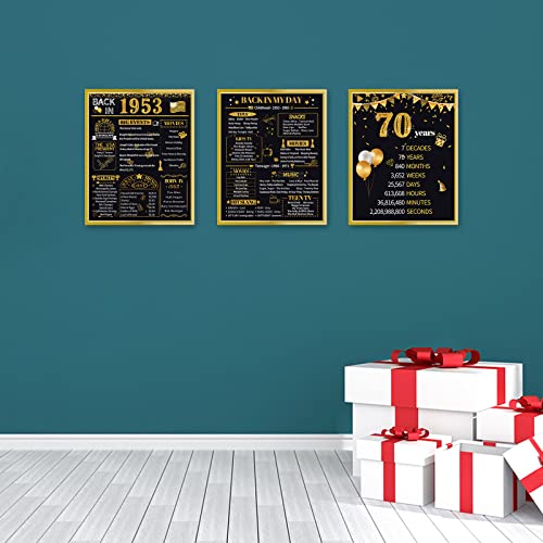 HOMANGA 70th Birthday Decorations for Men, 3 Pieces 70th Birthday Anniversary Posters, Back in 1953 Party Decoration Supplies, 70th Gifts for Men and Women Black Gold 8x10 Inch