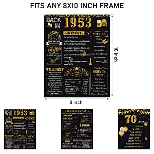 HOMANGA 70th Birthday Decorations for Men, 3 Pieces 70th Birthday Anniversary Posters, Back in 1953 Party Decoration Supplies, 70th Gifts for Men and Women Black Gold 8x10 Inch