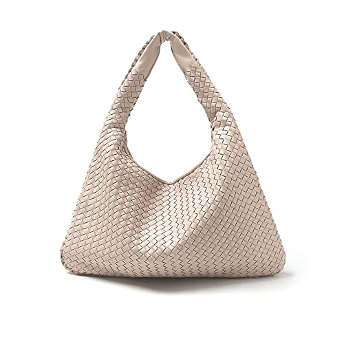 Women's Leather Woven Tote Handbag,Handmade Large Capacity Shoulder Bags Travel Bag Shopper Bag Hobo Bag (Apricot)