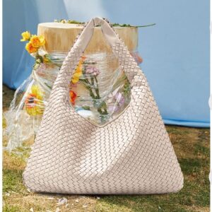 Women's Leather Woven Tote Handbag,Handmade Large Capacity Shoulder Bags Travel Bag Shopper Bag Hobo Bag (Apricot)