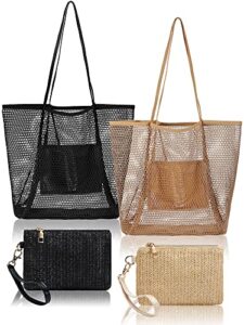 4 pcs summer beach tote casual foldable mesh tote bag shoulder handbags woven straw purse bohemian wristlet purses for women zipper wristlet wallets straw clutch bag for girls picnic vacation