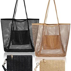 4 Pcs Summer Beach Tote Casual Foldable Mesh Tote Bag Shoulder Handbags Woven Straw Purse Bohemian Wristlet Purses for Women Zipper Wristlet Wallets Straw Clutch Bag for Girls Picnic Vacation