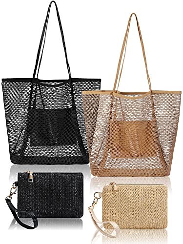 4 Pcs Summer Beach Tote Casual Foldable Mesh Tote Bag Shoulder Handbags Woven Straw Purse Bohemian Wristlet Purses for Women Zipper Wristlet Wallets Straw Clutch Bag for Girls Picnic Vacation