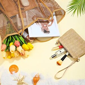 4 Pcs Summer Beach Tote Casual Foldable Mesh Tote Bag Shoulder Handbags Woven Straw Purse Bohemian Wristlet Purses for Women Zipper Wristlet Wallets Straw Clutch Bag for Girls Picnic Vacation