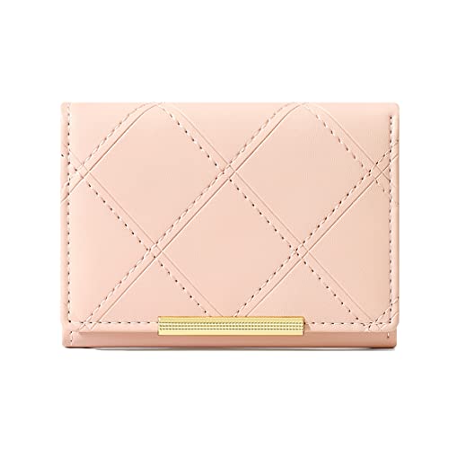 Sunwel Fashion Women Rhombus Embroidery Wallets Mini Short Wallet Pocket Wallet Credit Card Holder ID/Photo Window for Women GIrls (PINK)