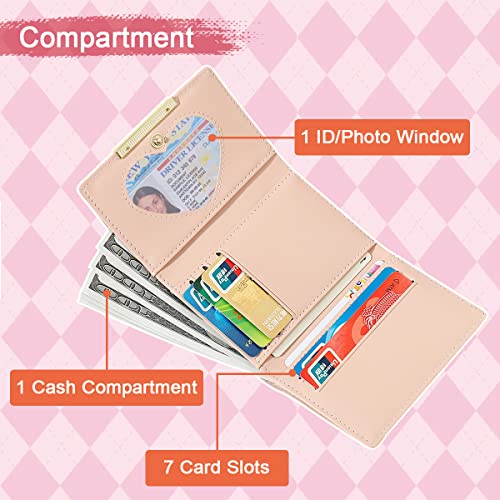 Sunwel Fashion Women Rhombus Embroidery Wallets Mini Short Wallet Pocket Wallet Credit Card Holder ID/Photo Window for Women GIrls (PINK)